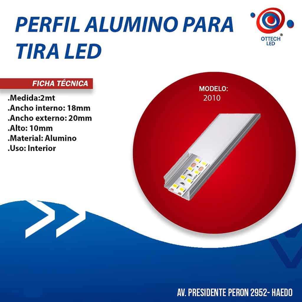 Perfil Aluminio Para Tira Led 20×10 2mts Con Tapa Doble – Ottech
